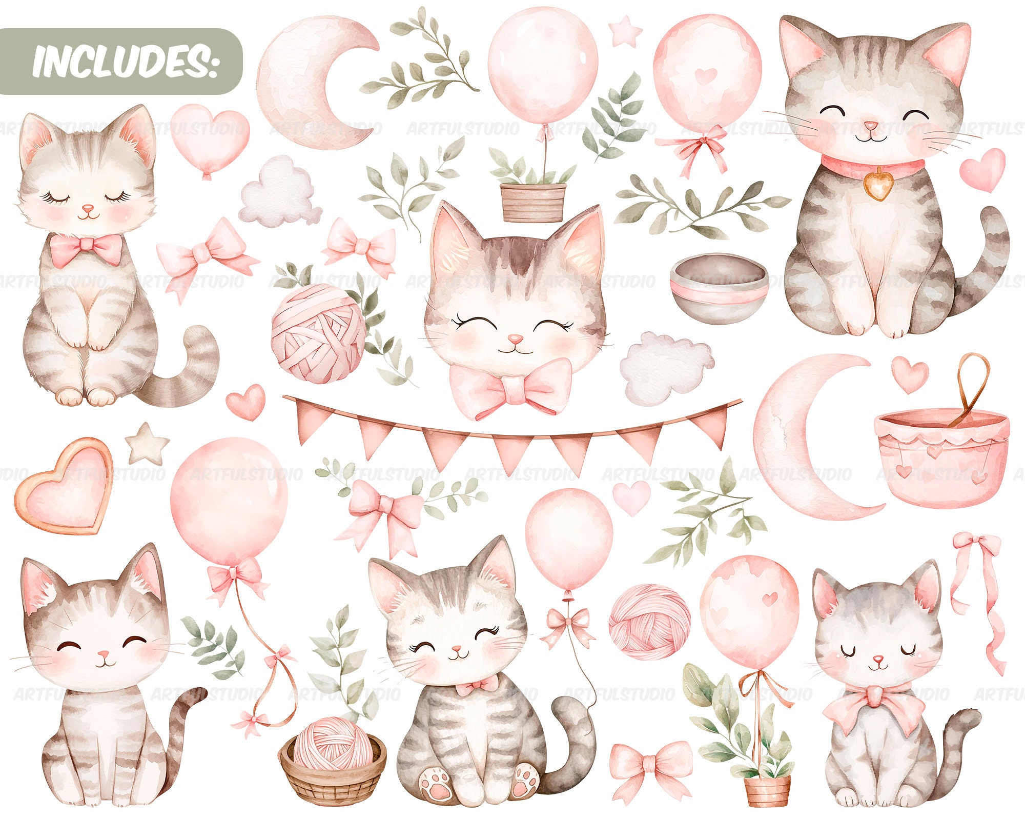 Watercolor Cute Baby Cat Clipart - Cartoon Kittens Party Decor - Baby ...