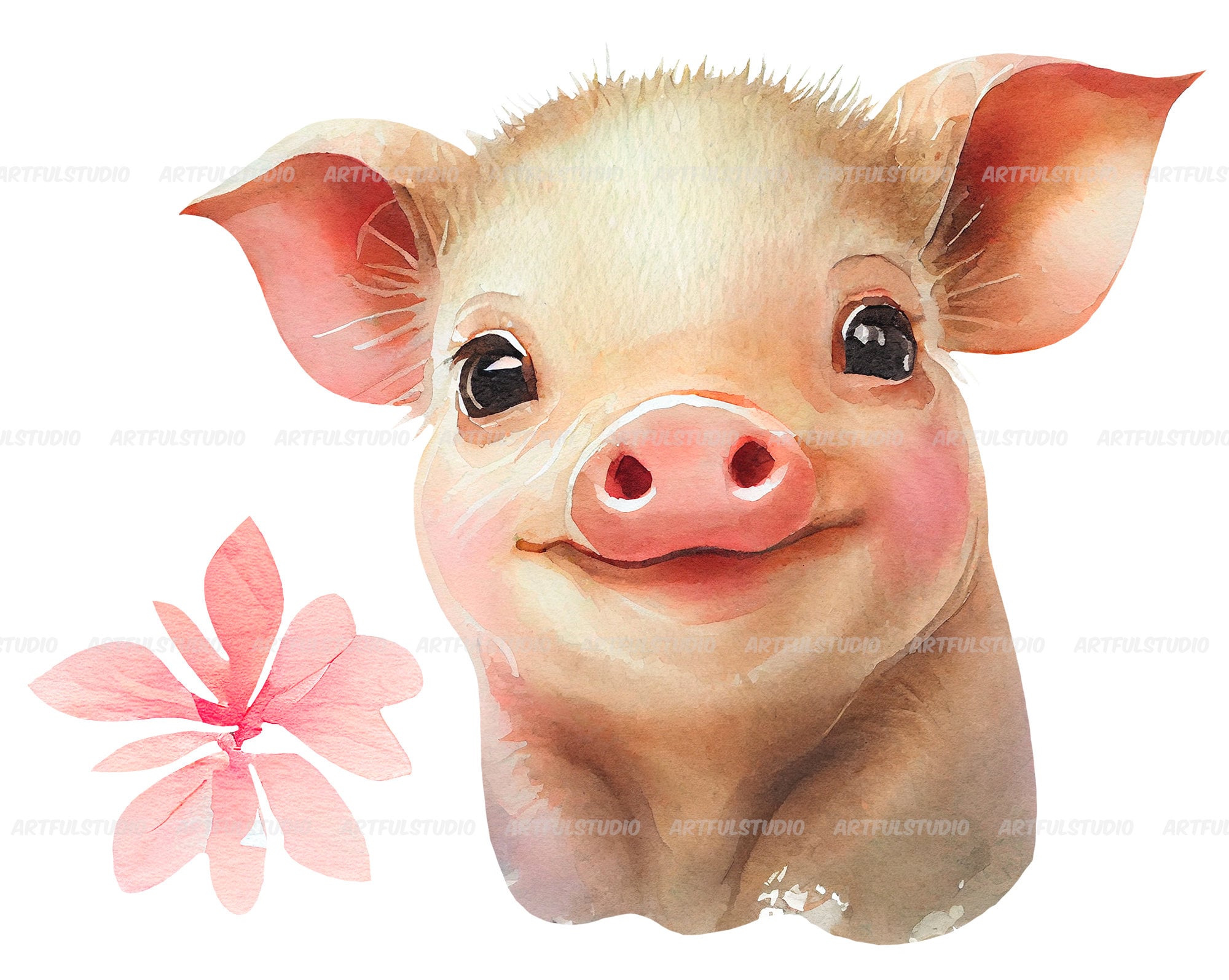 Watercolor Cute Baby Piglets Clipart-realistic Pigs With Flower ...