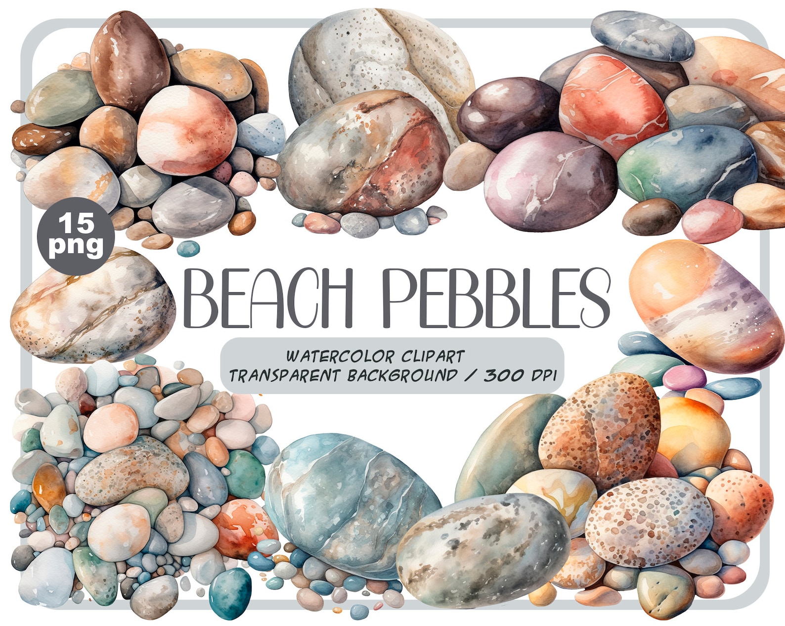 Watercolor Beach Pebbles Clipart: Stone Graphics (PNG Digital Download ...