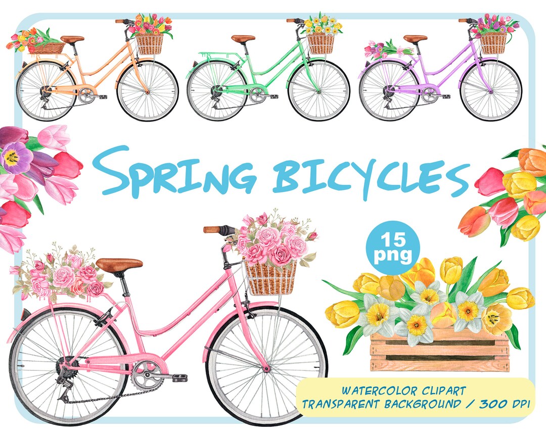 Watercolor Spring Bicycles Clipart - Bikes With Flowers-summer Floral ...