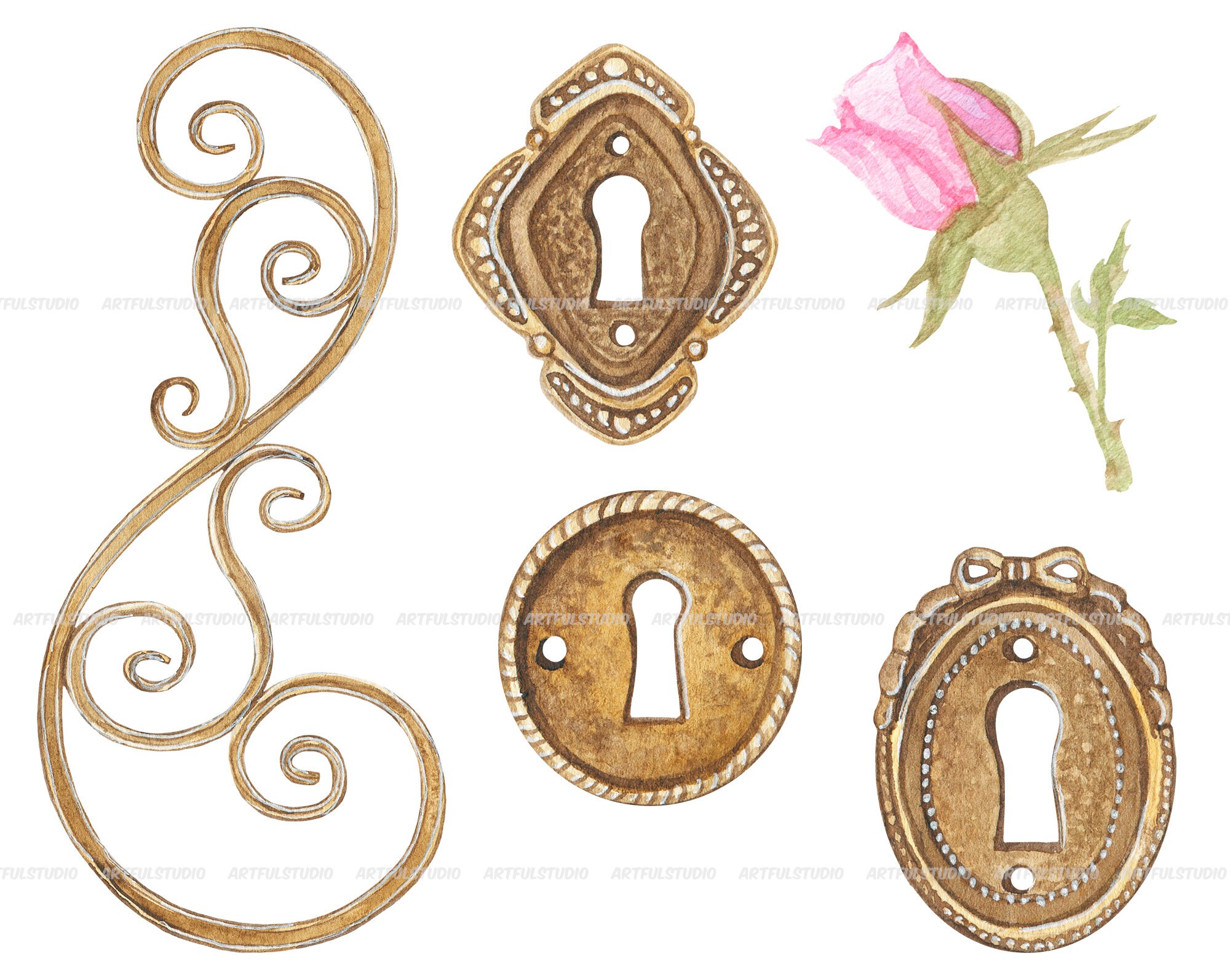 Watercolor Vintage Keys and Locks Clip Art-bronze Antique Keys ...