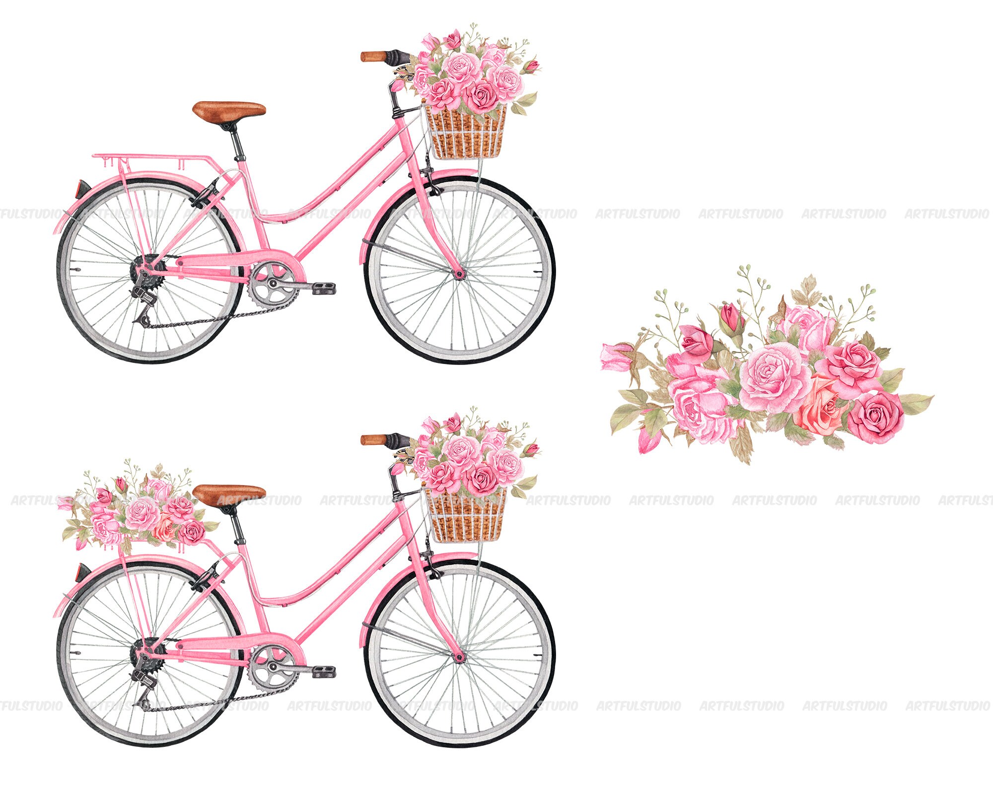 Watercolor Spring Bicycles Clipart Bikes With Flowers-summer Floral ...