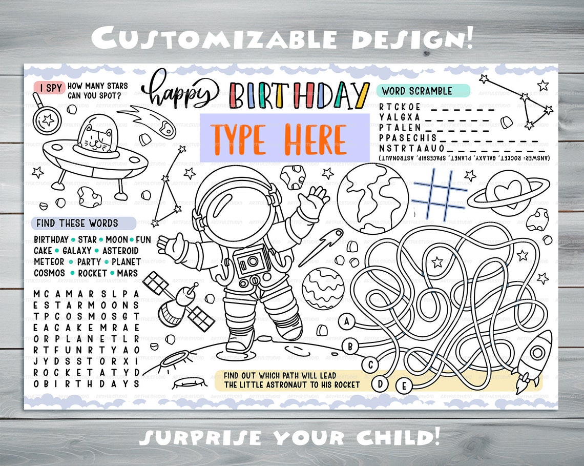 Editable Astronaut Party Placemat Happy Birthday Activity Sheet ...