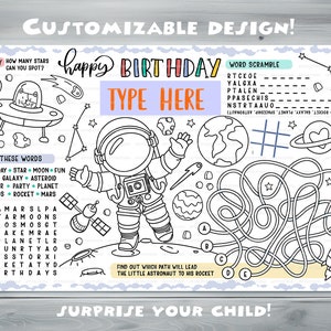 Editable Astronaut Party Placemat Happy Birthday Activity Sheet ...