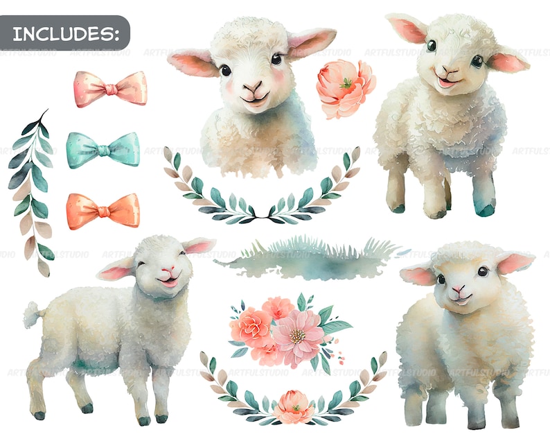 Watercolor Cute Baby Lambs Clipart-realistic Lamb With Flower-baby Shower Graphics-nursery Decor ...