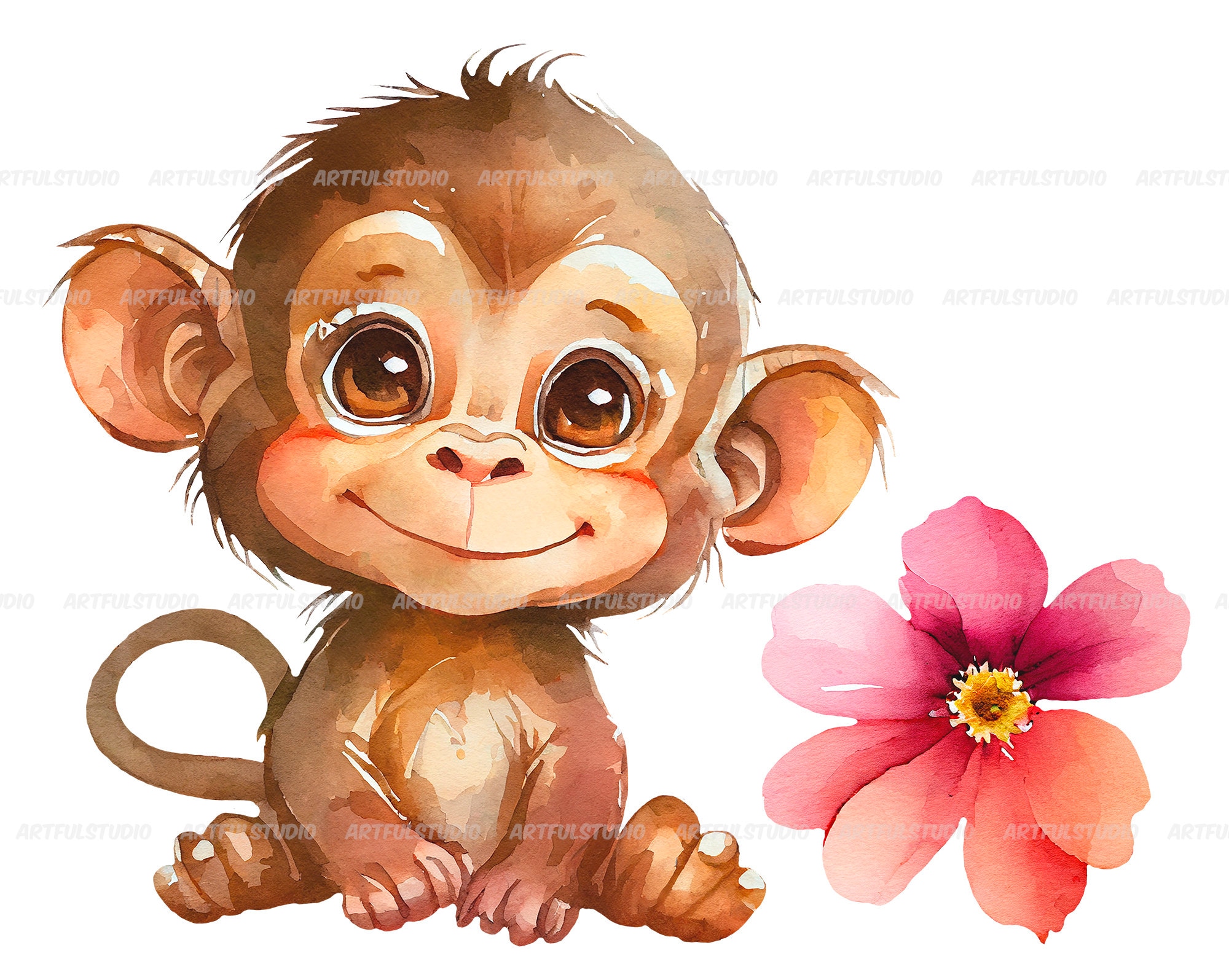 Watercolor Cute Baby Monkeys Clipart-realistic Monkey With Flower-baby ...