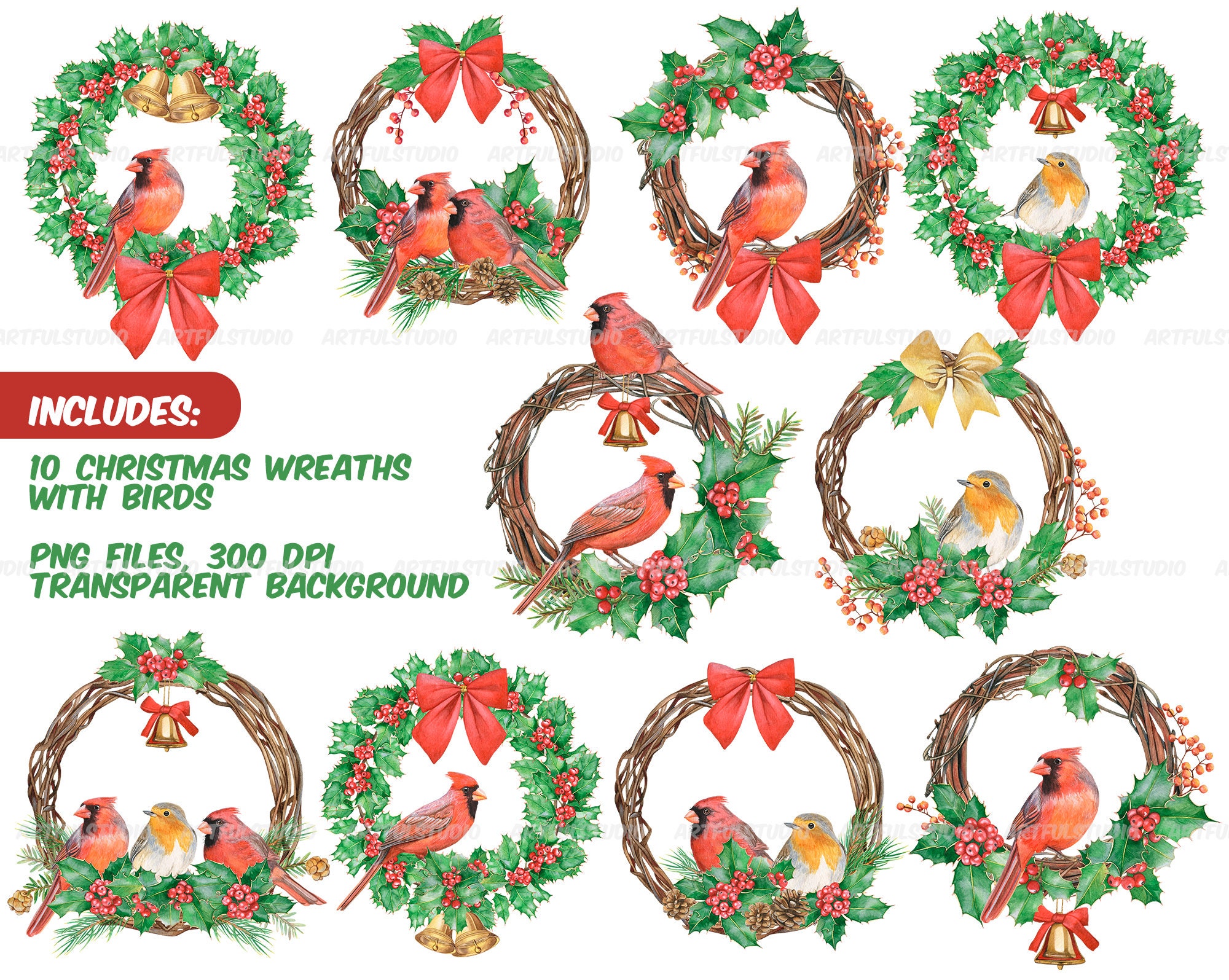 Watercolor Christmas Wreaths Clipart-circle Frame With Winter Birds Png ...