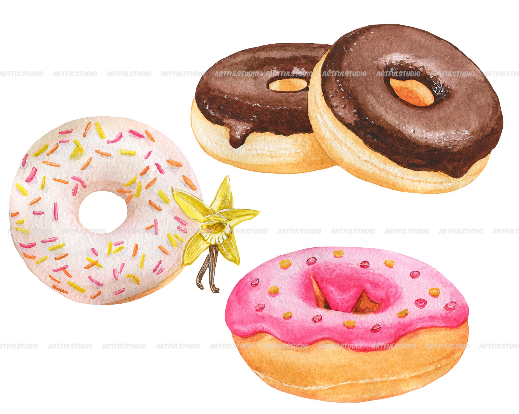 Donut Watercolor Clipart pastel Donuts-sweet Bakery - Etsy