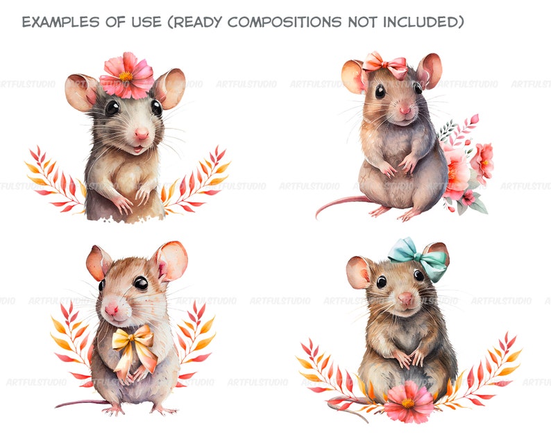 Watercolor Cute Baby Rats Clipart-realistic Mouse With Flower-baby ...