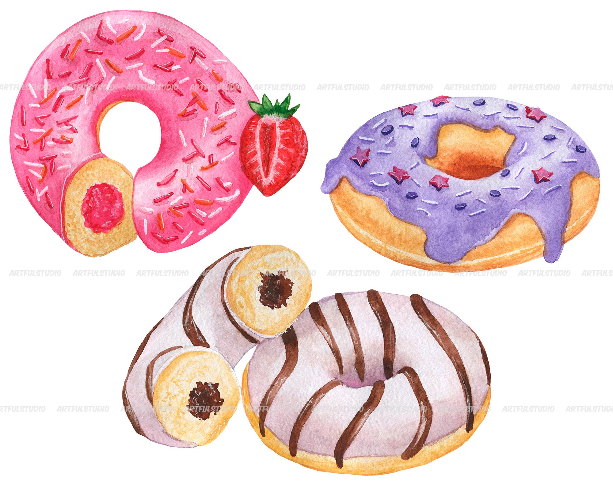 Donut Watercolor Clipart pastel Donuts-sweet Bakery - Etsy