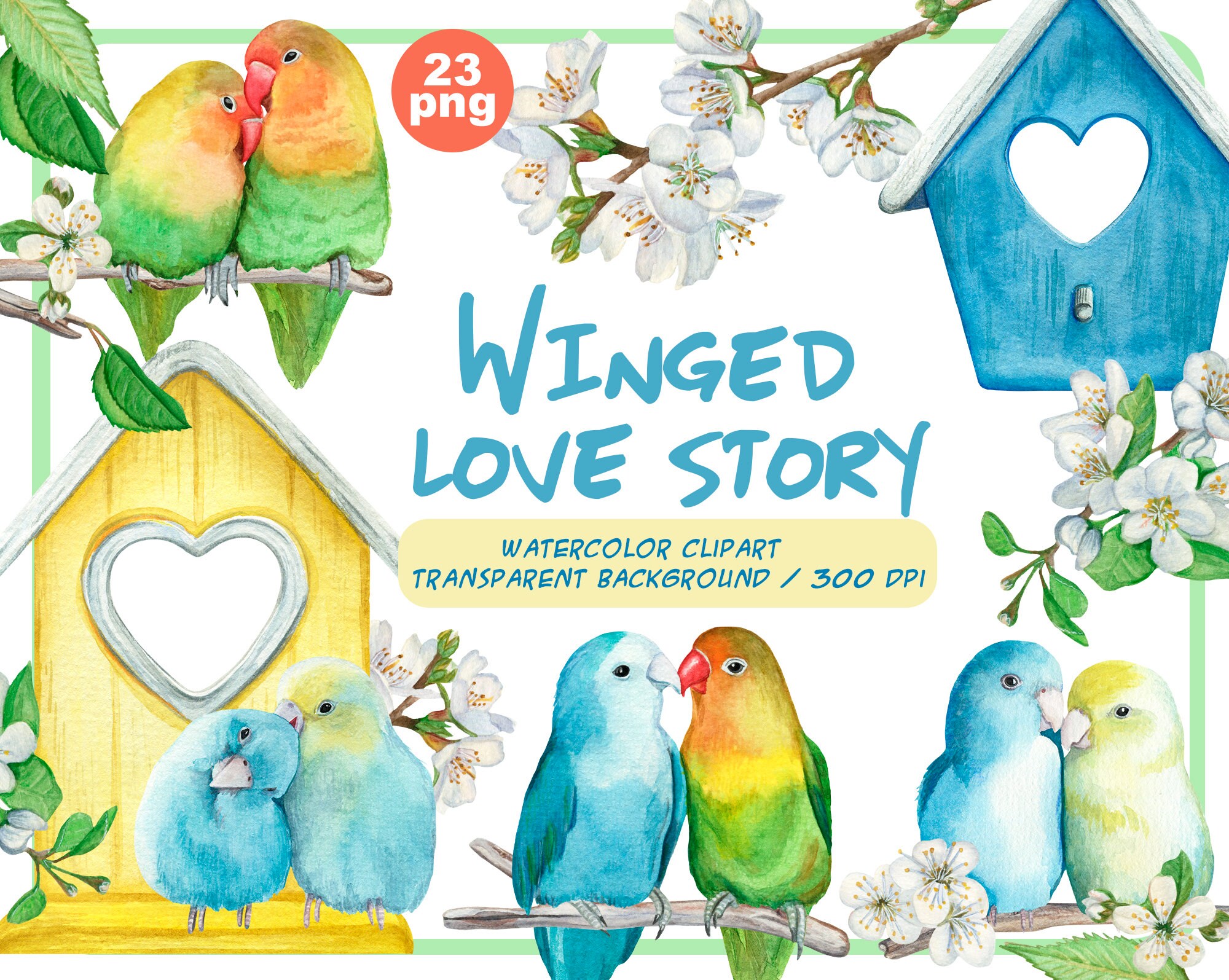 Watercolor Lovebirds Clipart-valentine's Day Parrots-spring Love Story ...
