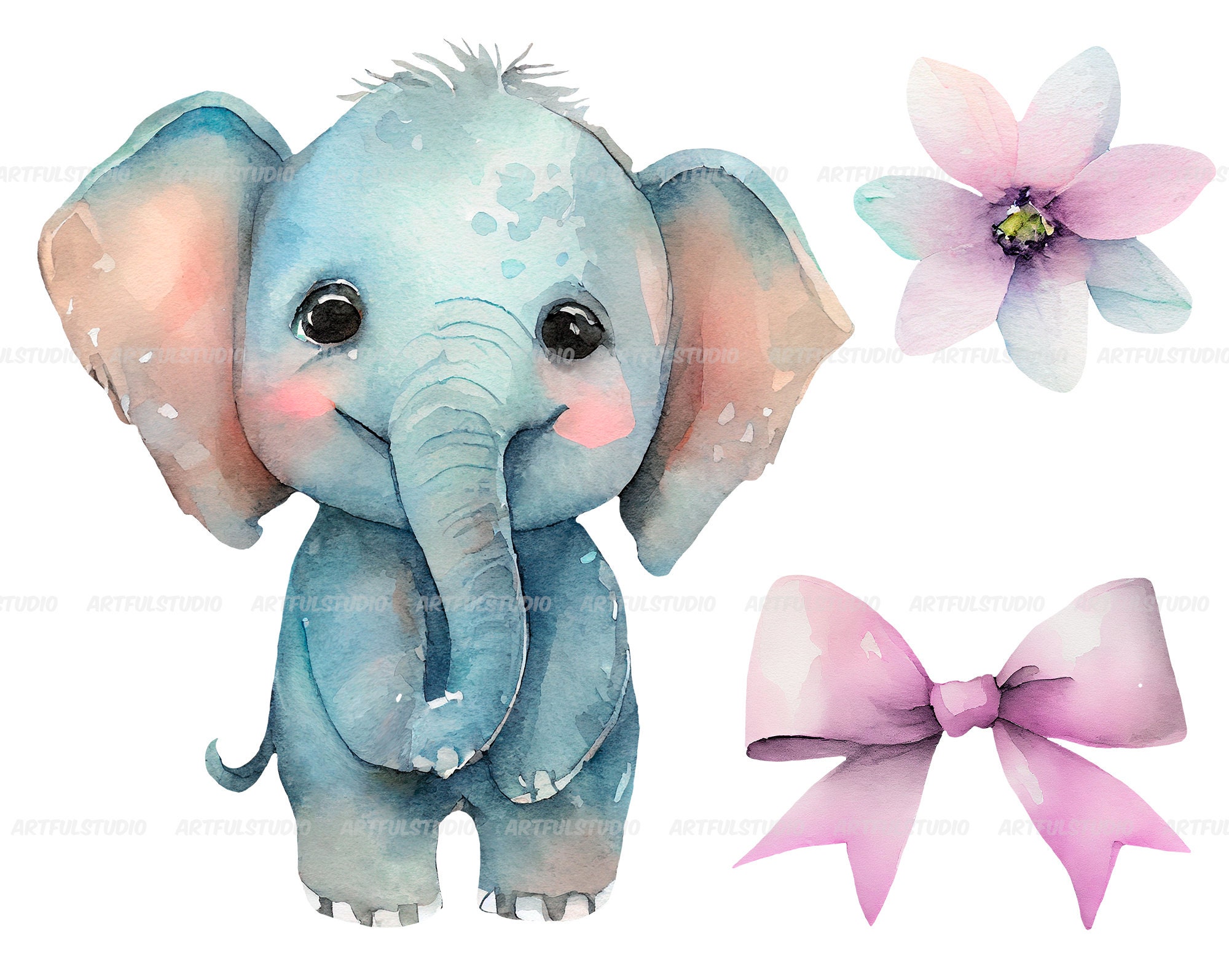 Watercolor Cute Baby Elephants Clipart-realistic Elephant With - Etsy