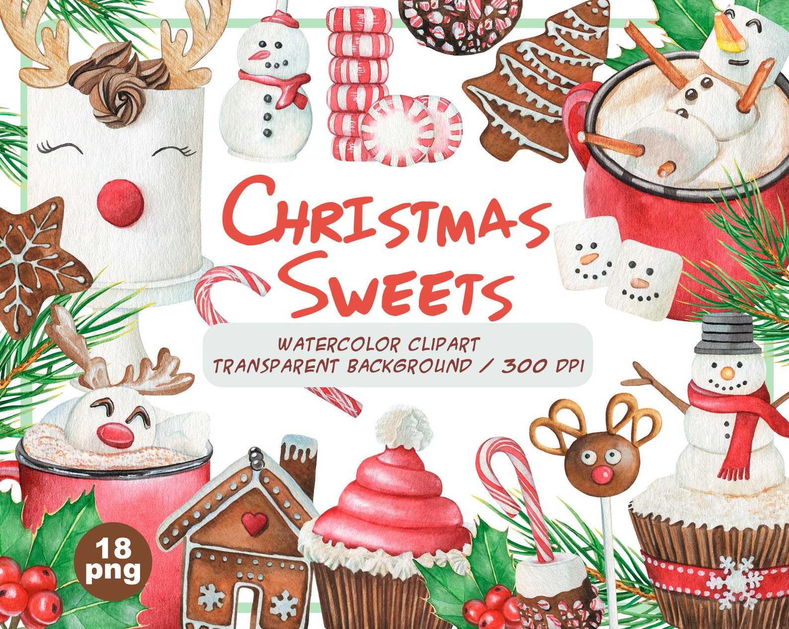 Watercolor Christmas Sweets Clipart: Holiday Desserts (PNG Digital ...