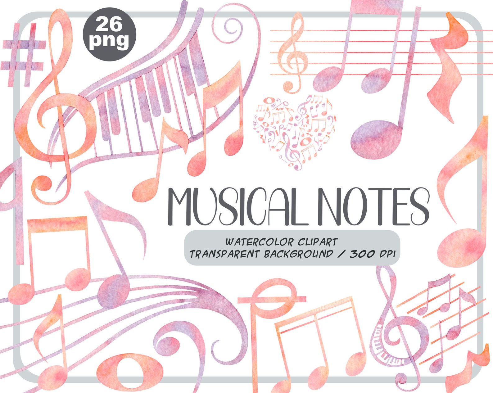 Watercolor Musical Notes Clipart - Musical Key Png - Musical Notation ...