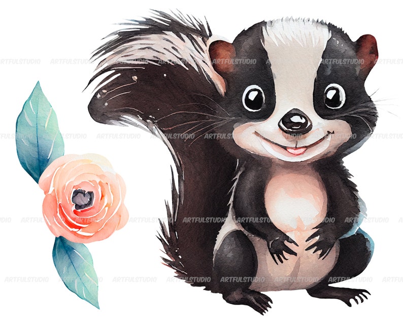 Watercolor Cute Baby Skunks Clipart-realistic Skunk With Flower-baby ...