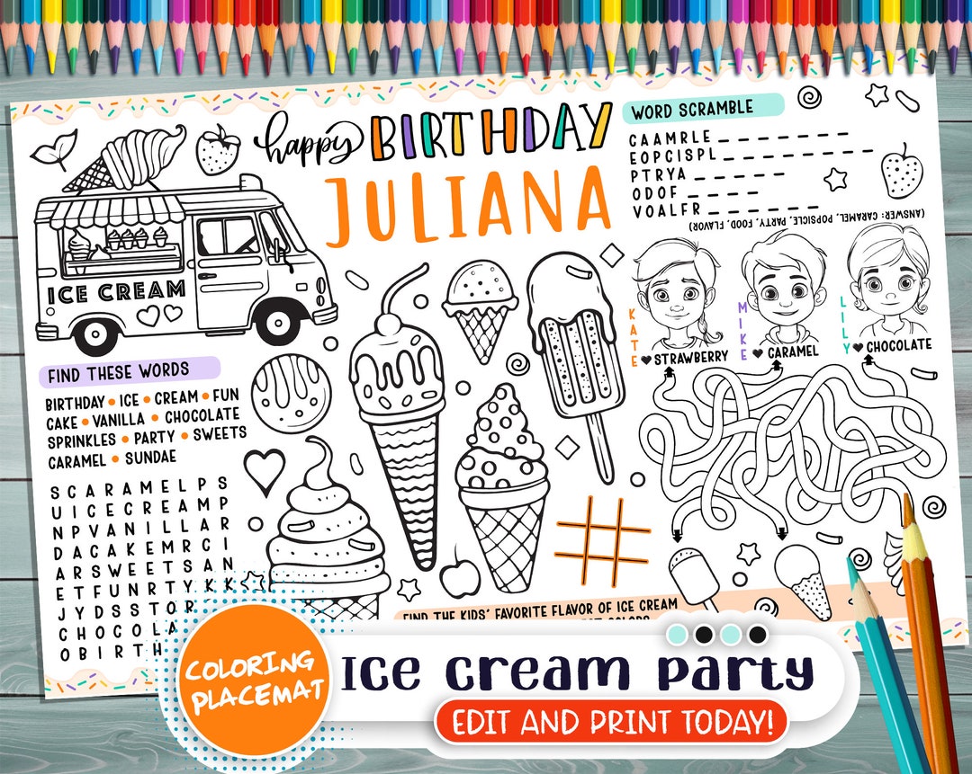 Editable Ice Cream Party Placemat - Happy Birthday Activity Sheet ...