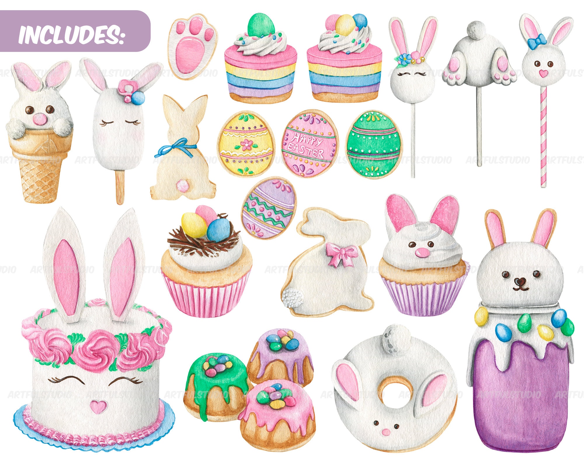 Watercolor Easter Sweets Clipart-easter Food-sweet Bunny-rabbit Pastel ...