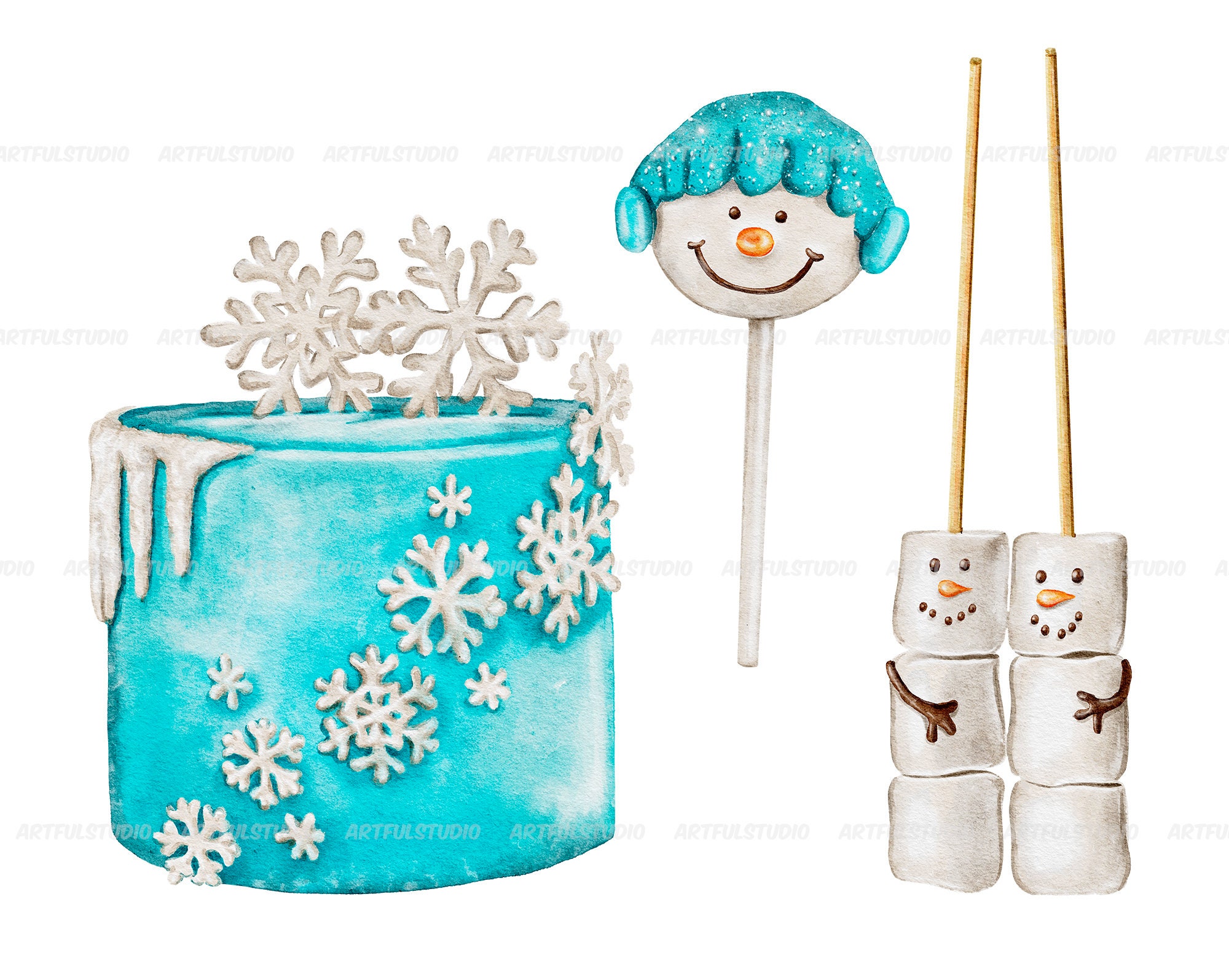 Watercolor Turquoise Christmas Sweets Clipart Snowman Holiday Food ...