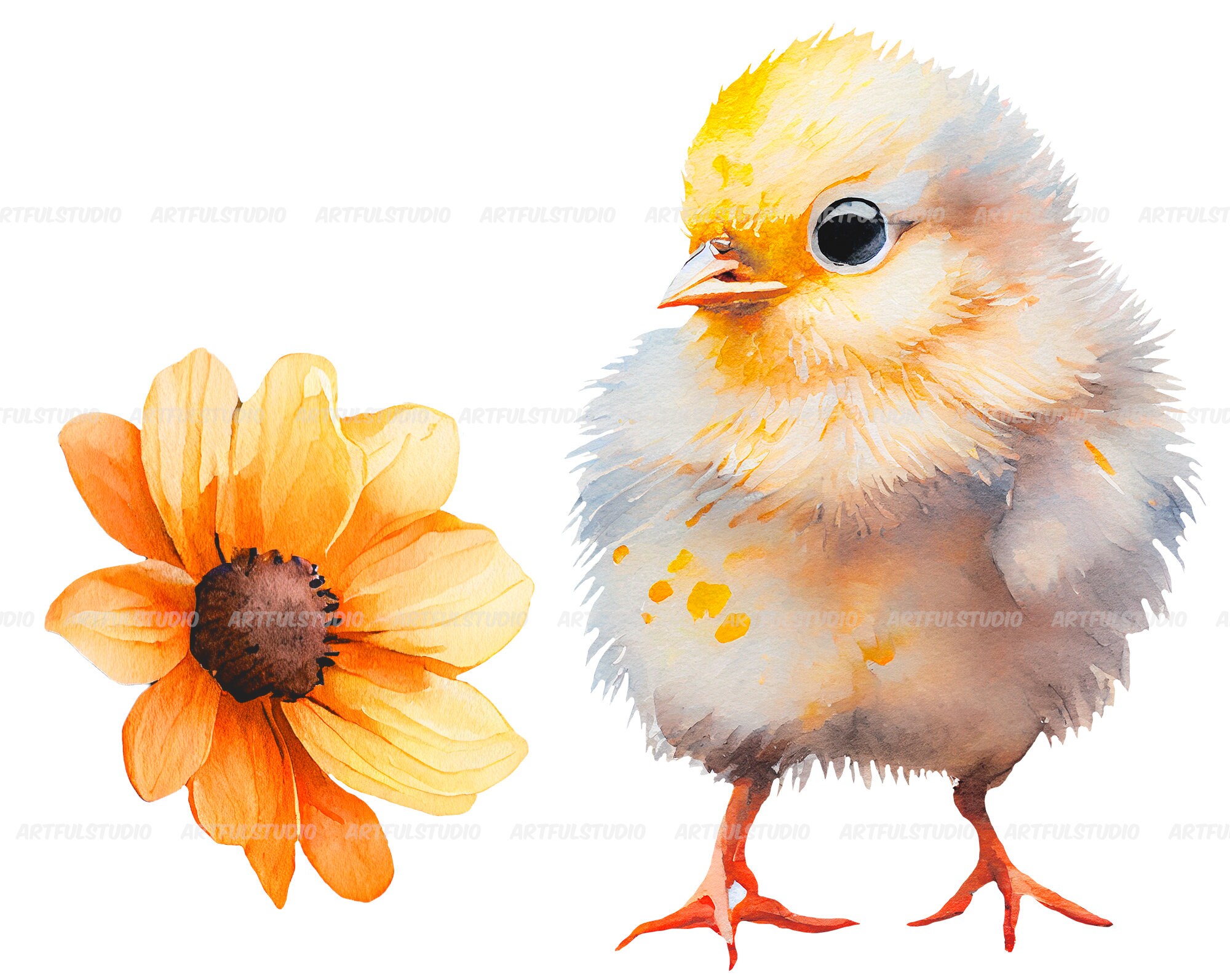 Watercolor Cute Baby Chickens Clipart-realistic Chicks With Flower-baby ...