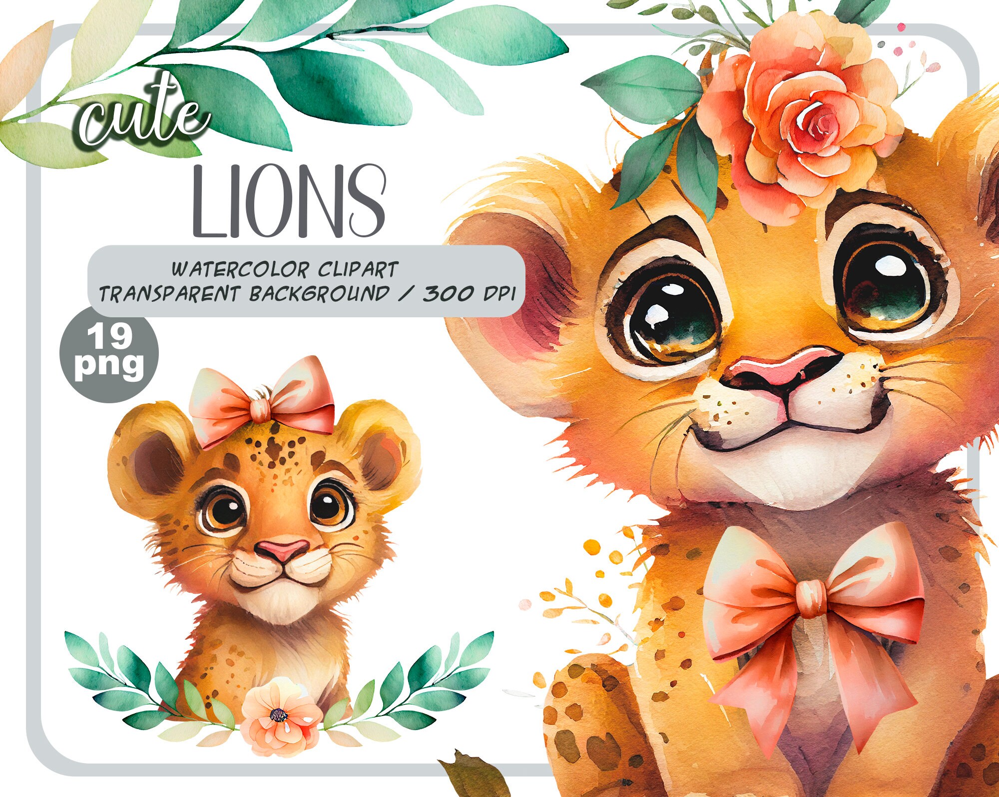 Watercolor Cute Baby Lions Clipart-realistic Lion With Flower-baby ...