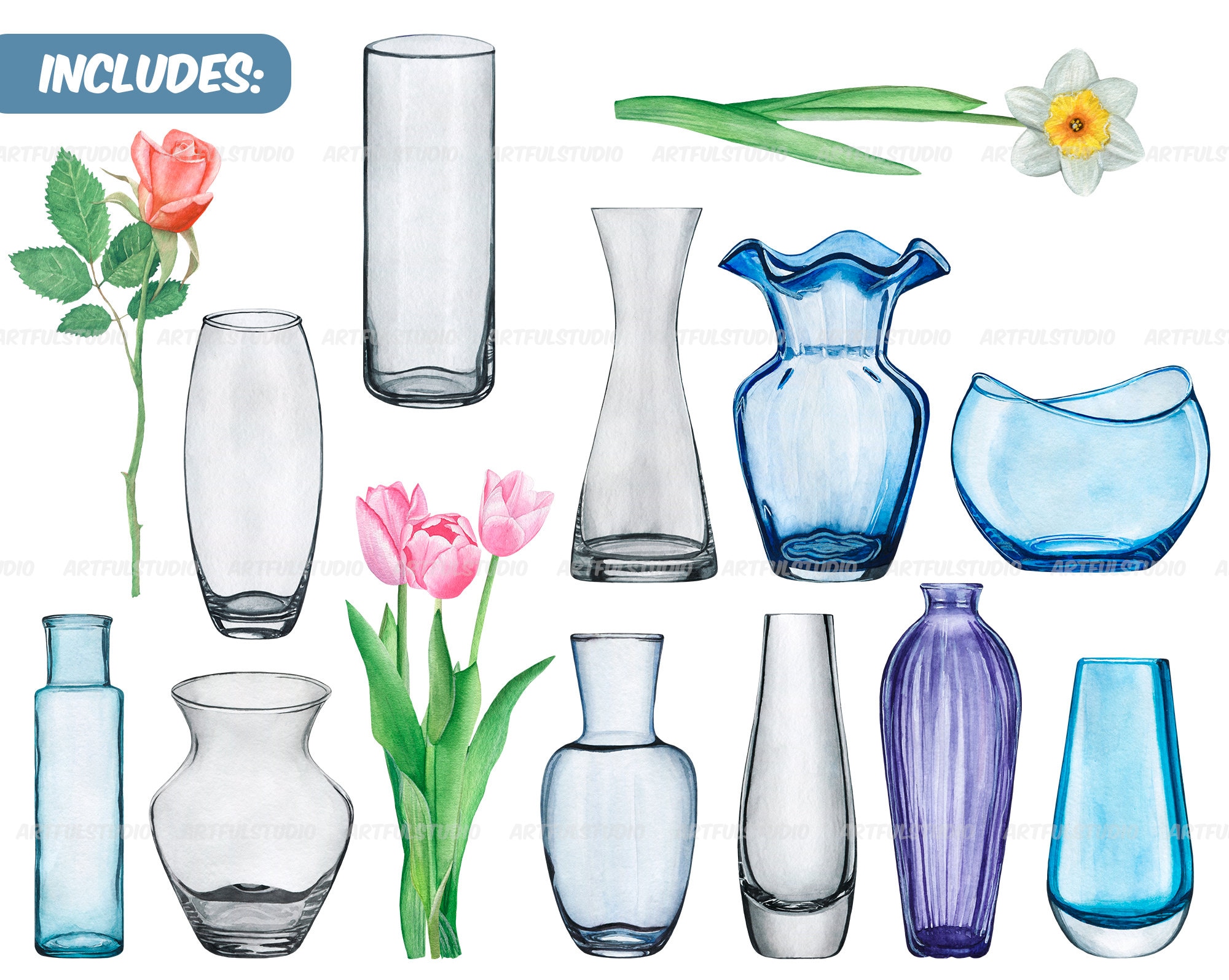 Watercolor Glass Vases Clipart: Hand-painted Flower Vase PNG (instant ...