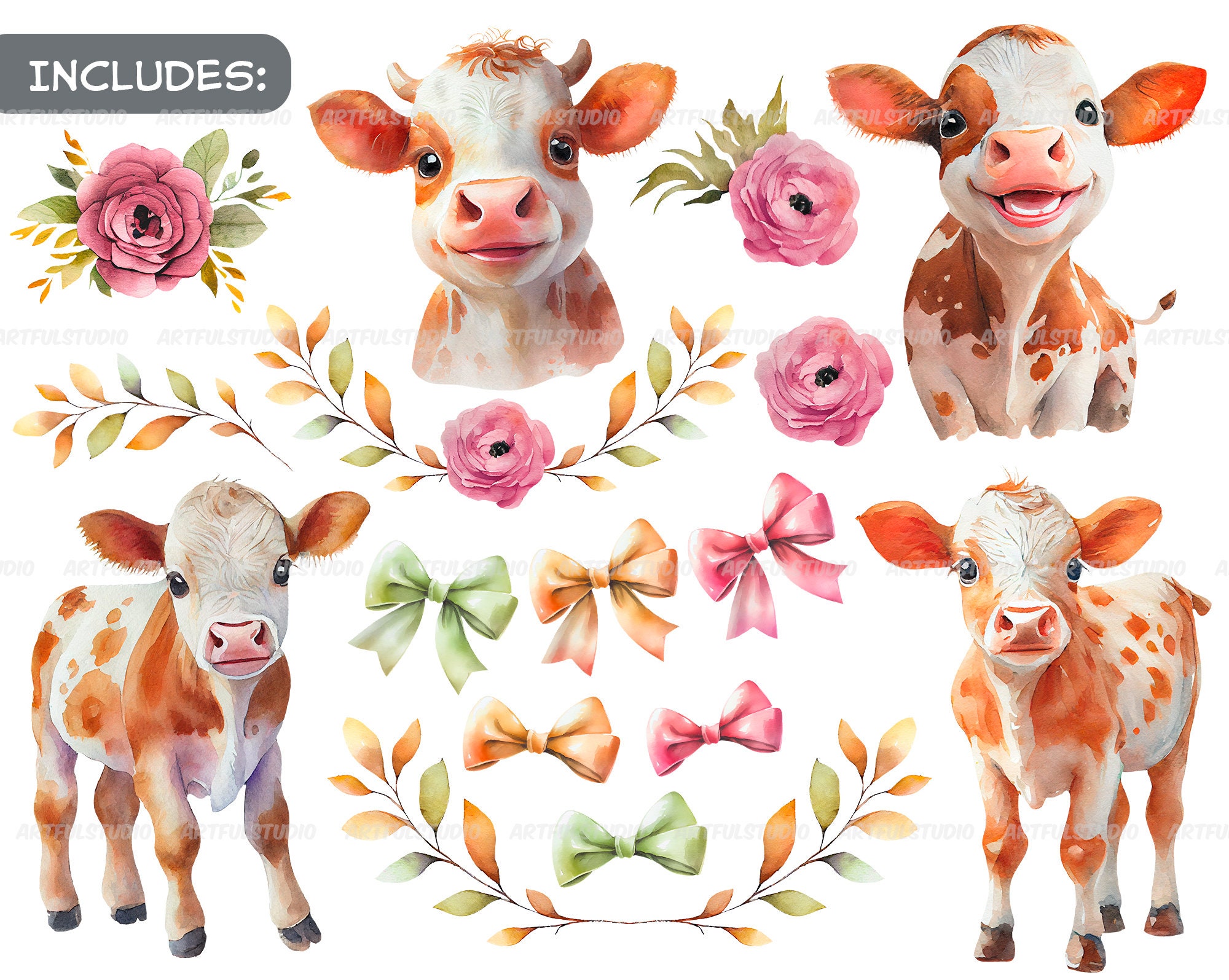 Watercolor Cute Baby Cows Clipart-realistic Calfs With - Etsy