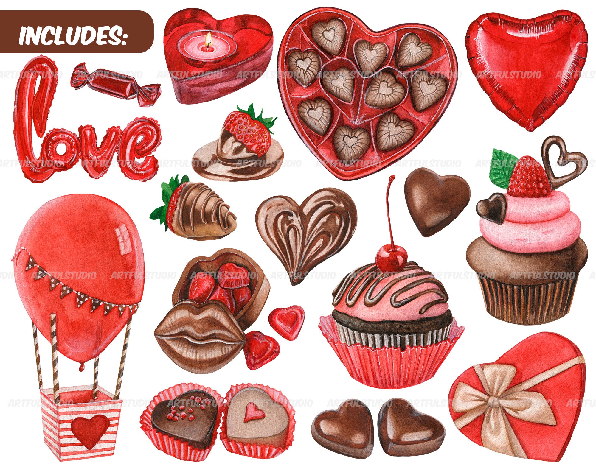 Watercolor Valentine's Day Sweets Clipart Set, Chocolate Hearts Png ...