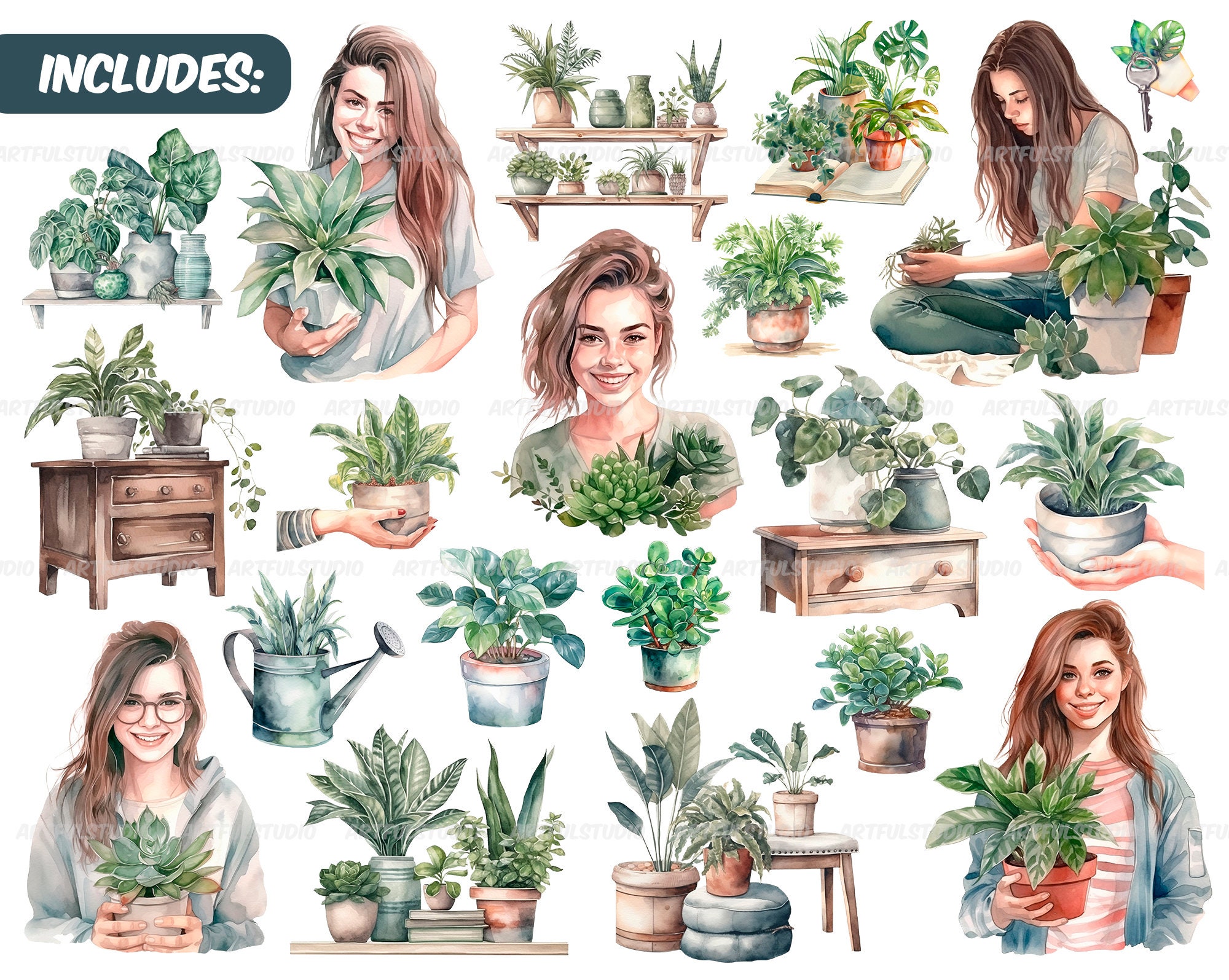 Watercolor Plant Lover Clipart Cute Succulents & Home Plants Png-potted ...