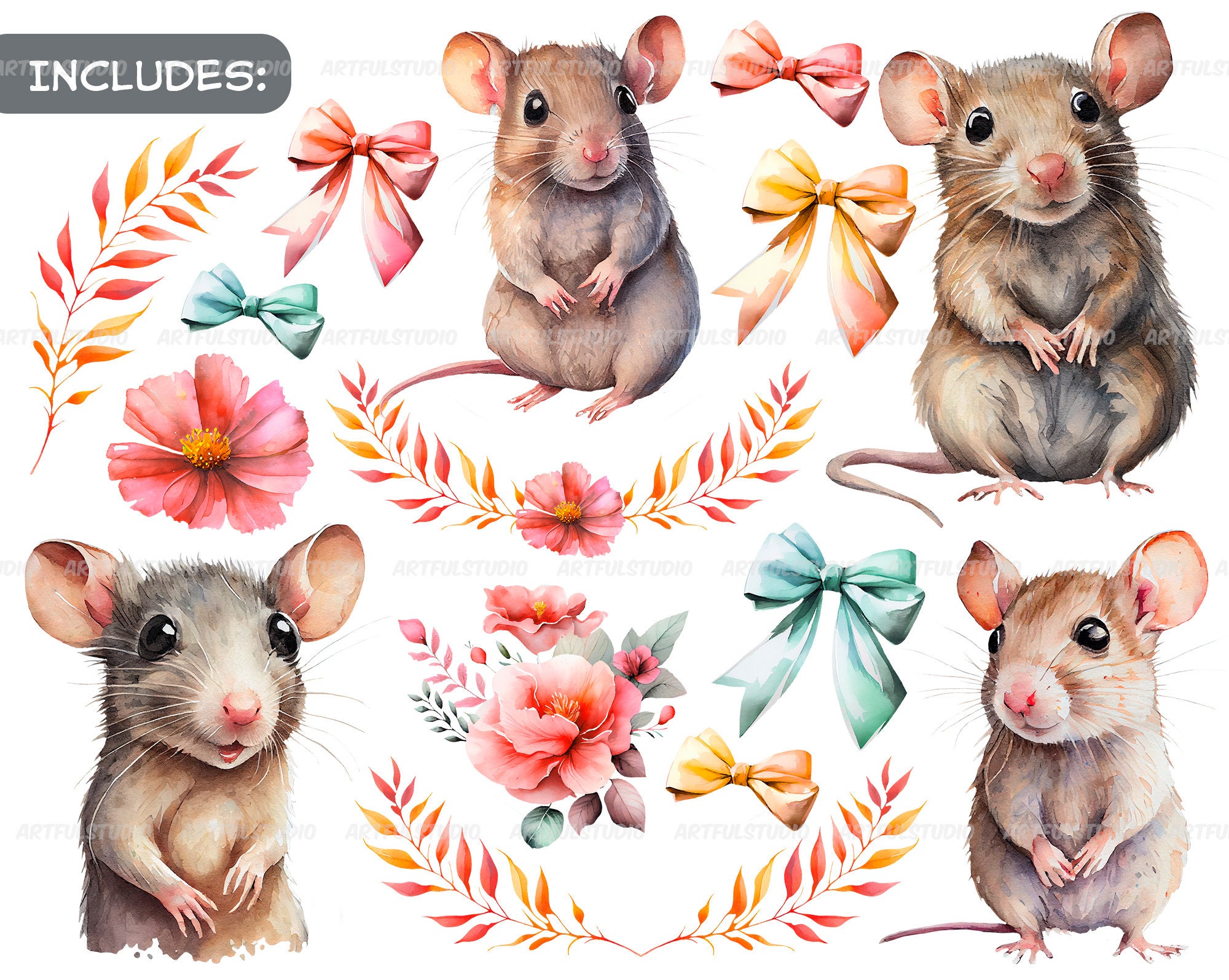 Watercolor Cute Baby Rats Clipart-realistic Mouse With Flower-baby ...