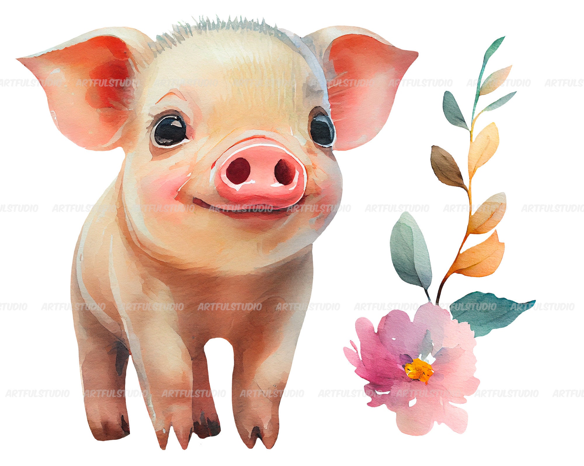 Watercolor Cute Baby Piglets Clipart-realistic Pigs With Flower ...