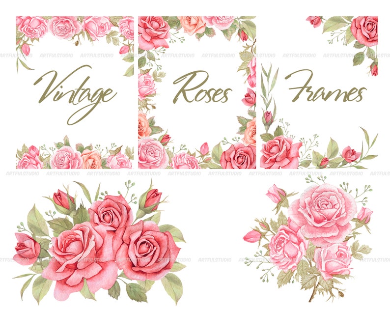 Watercolor Vintage Roses Frames Clipart Flower Arrangement - Etsy