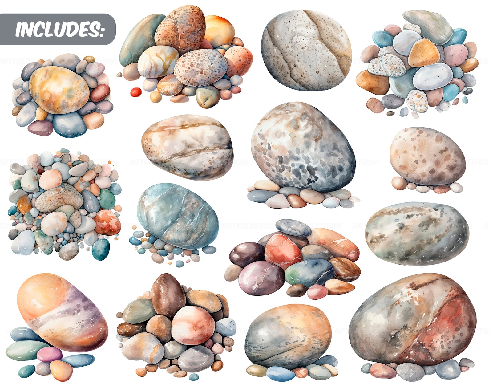 Watercolor Beach Pebbles Clipart: Stone Graphics (PNG Digital Download ...