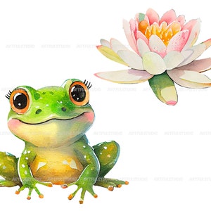Watercolor Cute Baby Frogs Clipart-realistic Frog With Flower-baby ...