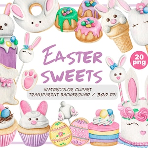 Watercolor Easter Sweets Clipart-easter Food-sweet Bunny-rabbit Pastel ...