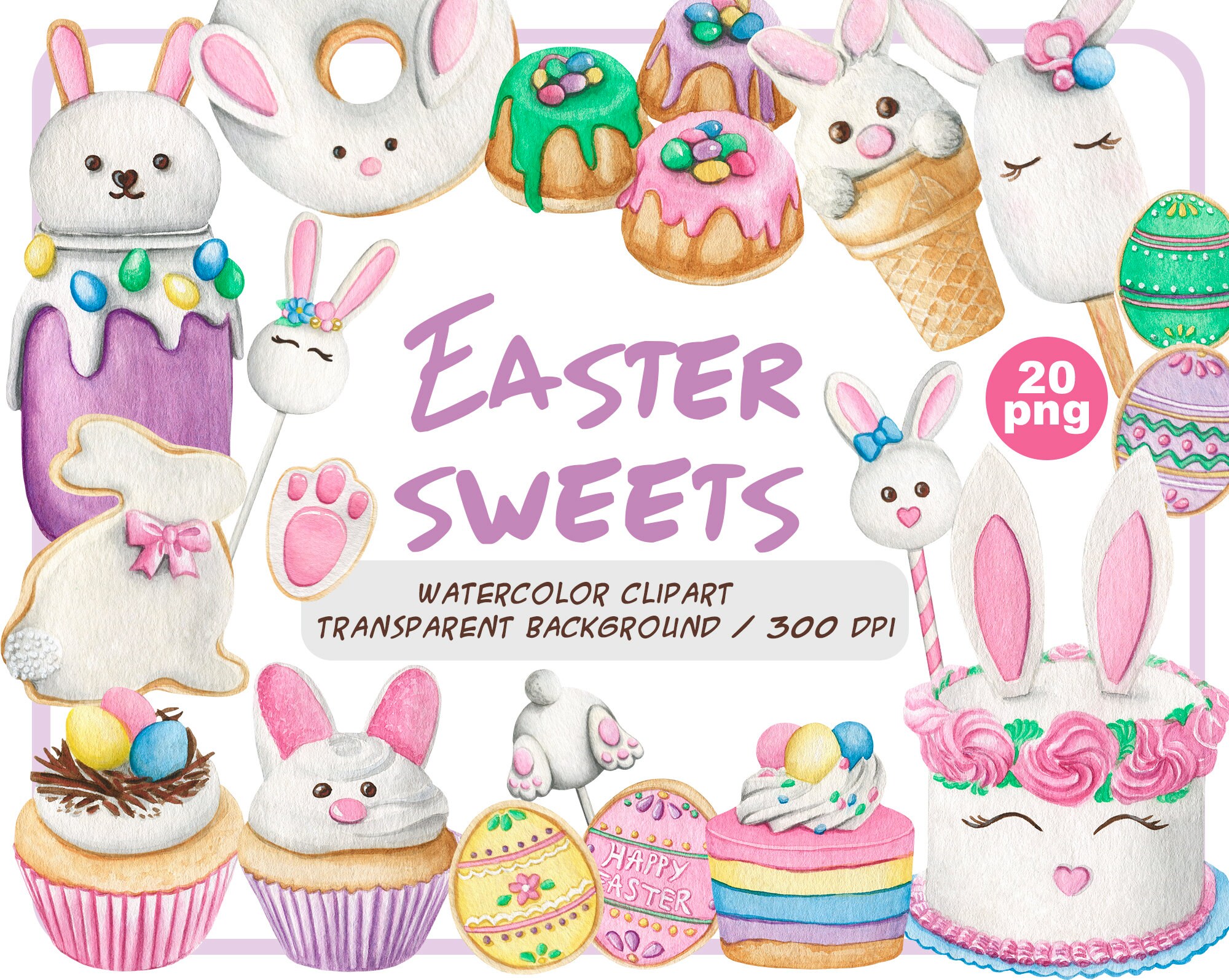 Watercolor Easter Sweets Clipart-easter Food-sweet Bunny-rabbit Pastel ...