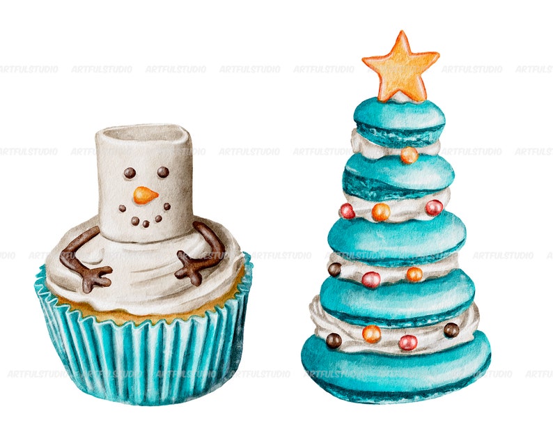 Watercolor Turquoise Christmas Sweets Clipart Snowman Holiday Food ...
