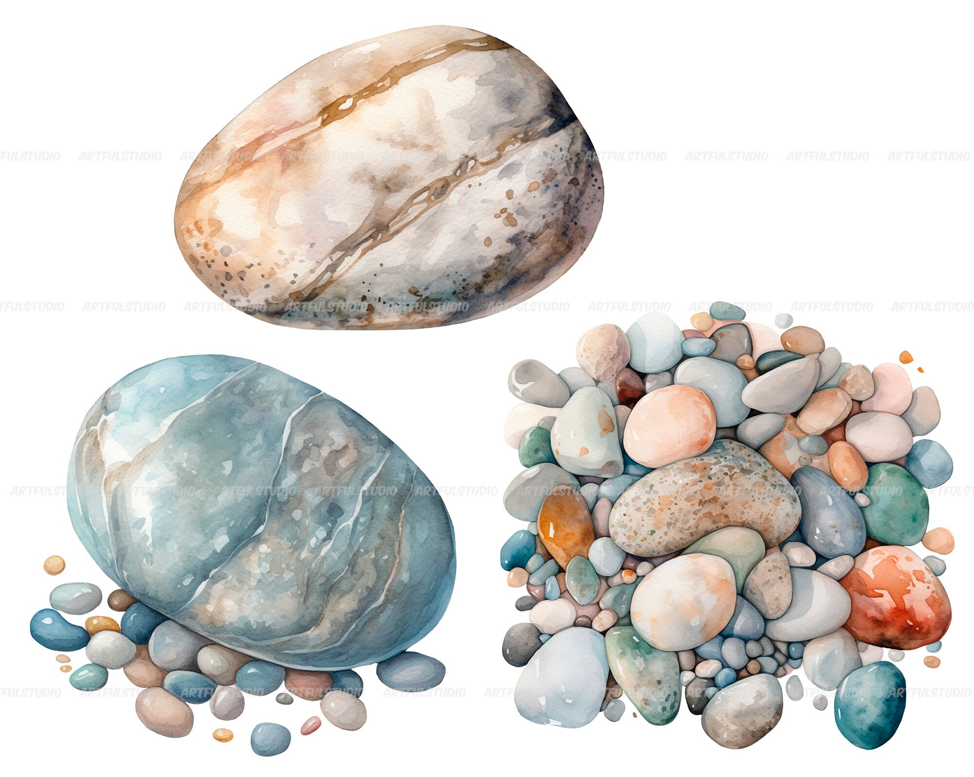 Watercolor Beach Pebbles Clipart: Stone Graphics (PNG Digital Download ...