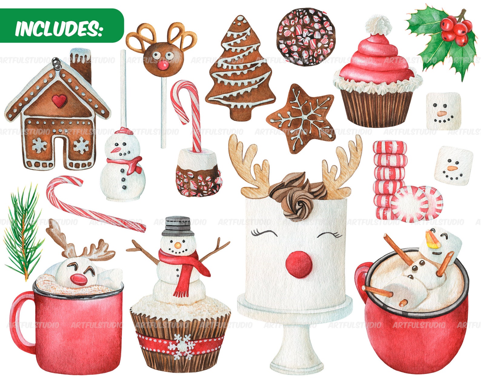 Watercolor Christmas Sweets Clipart: Holiday Desserts (PNG Digital ...