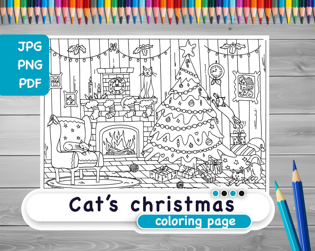 Cat's Christmas Coloring Page: Cozy Eve Scene (digital Download) - Etsy
