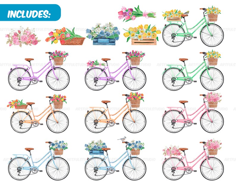 Watercolor Spring Bicycles Clipart Bikes With Flowers-summer Floral ...