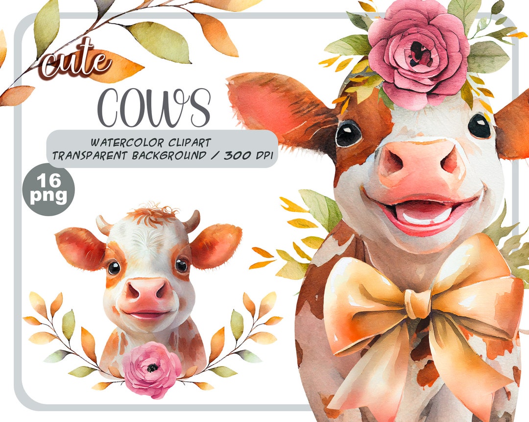 Watercolor Cute Baby Cows Clipart-realistic Calfs With Flower-baby ...