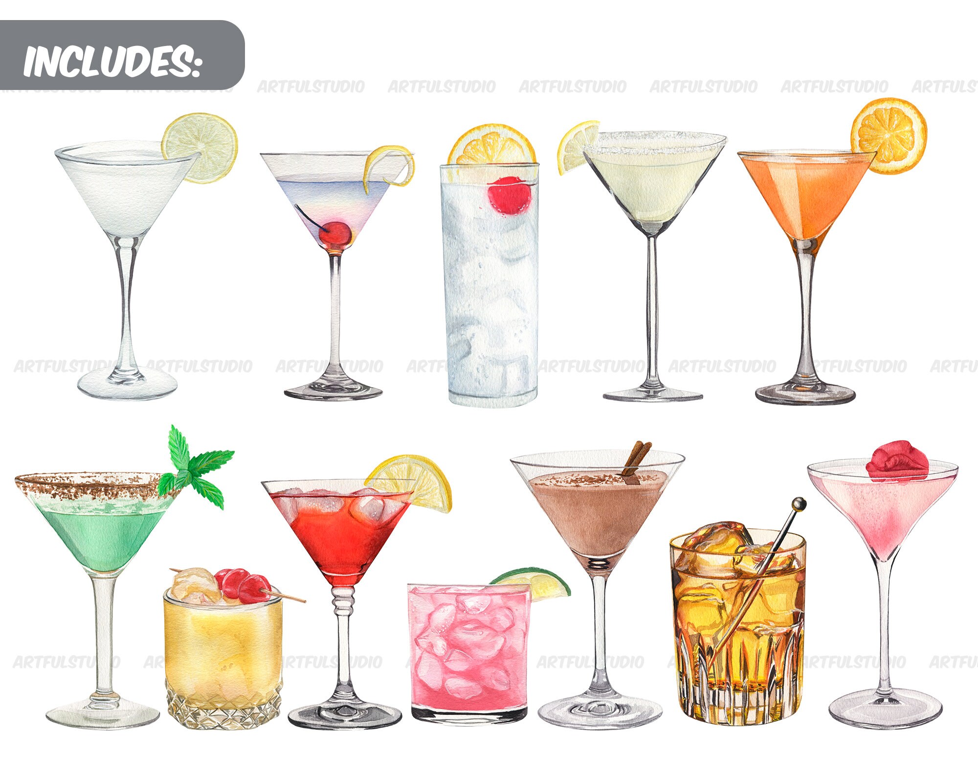 Watercolor Cocktails Clipart-signature Cocktails-alcoholic Drinks ...