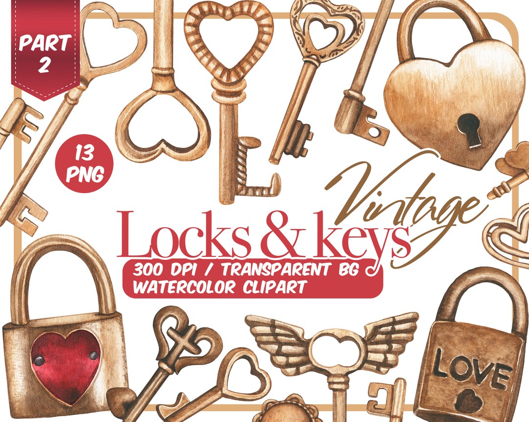 Watercolor Vintage Heart Keys and Locks Clip Art-bronze Antique Keys ...