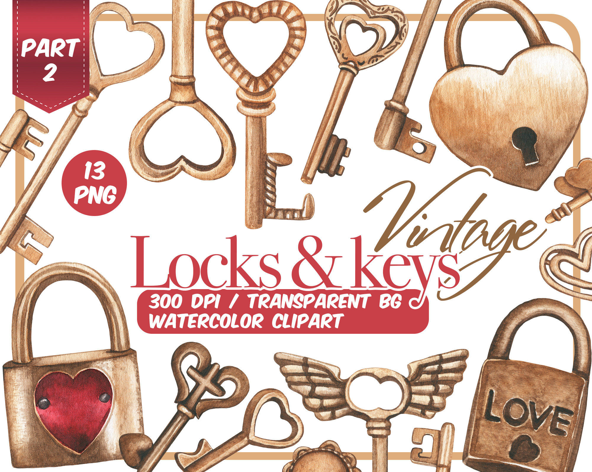 Watercolor Vintage Heart Keys and Locks Clip Art-bronze Antique Keys ...