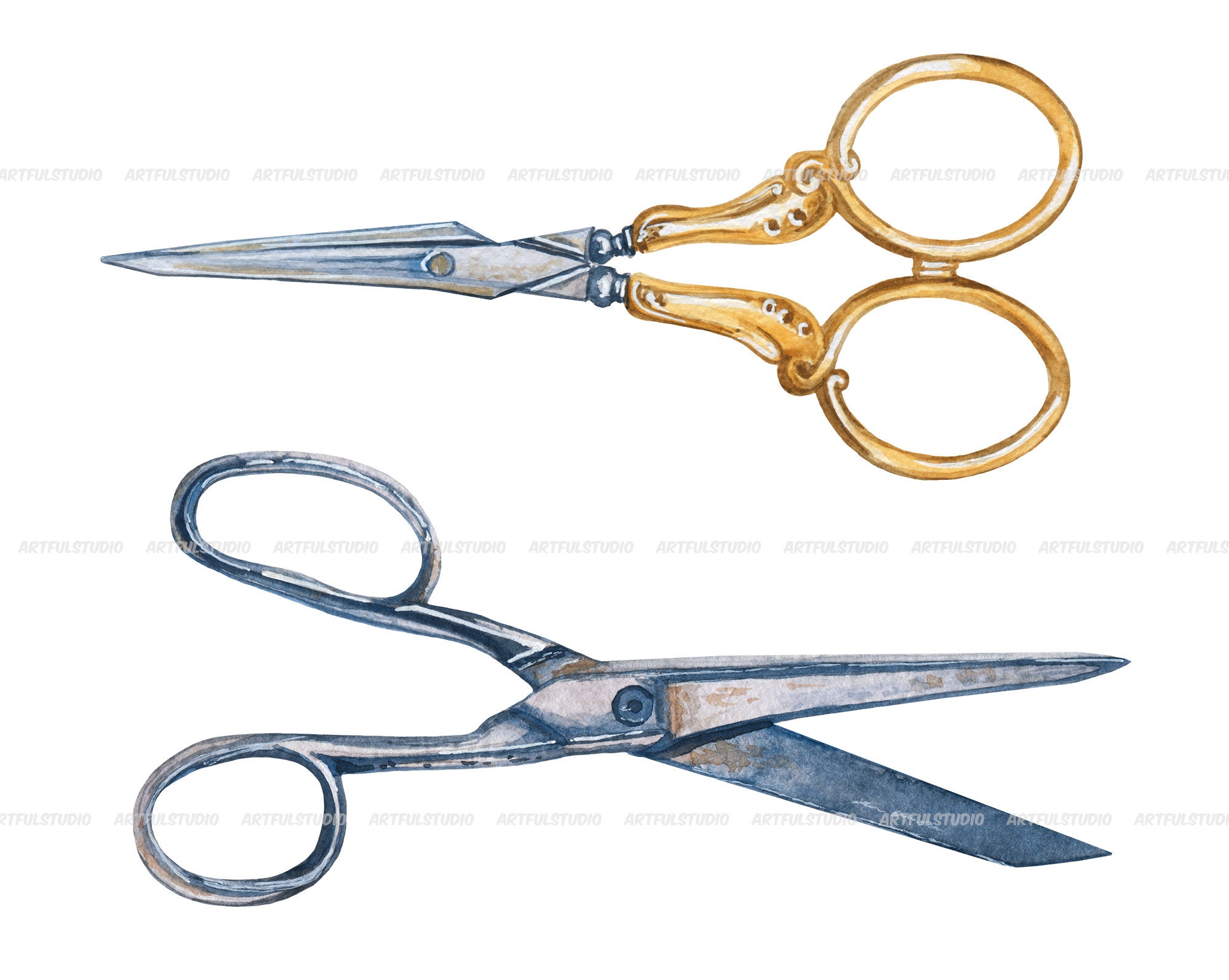 Watercolor Vintage Scissors Clipart Antique Sewing Accessories Retro ...