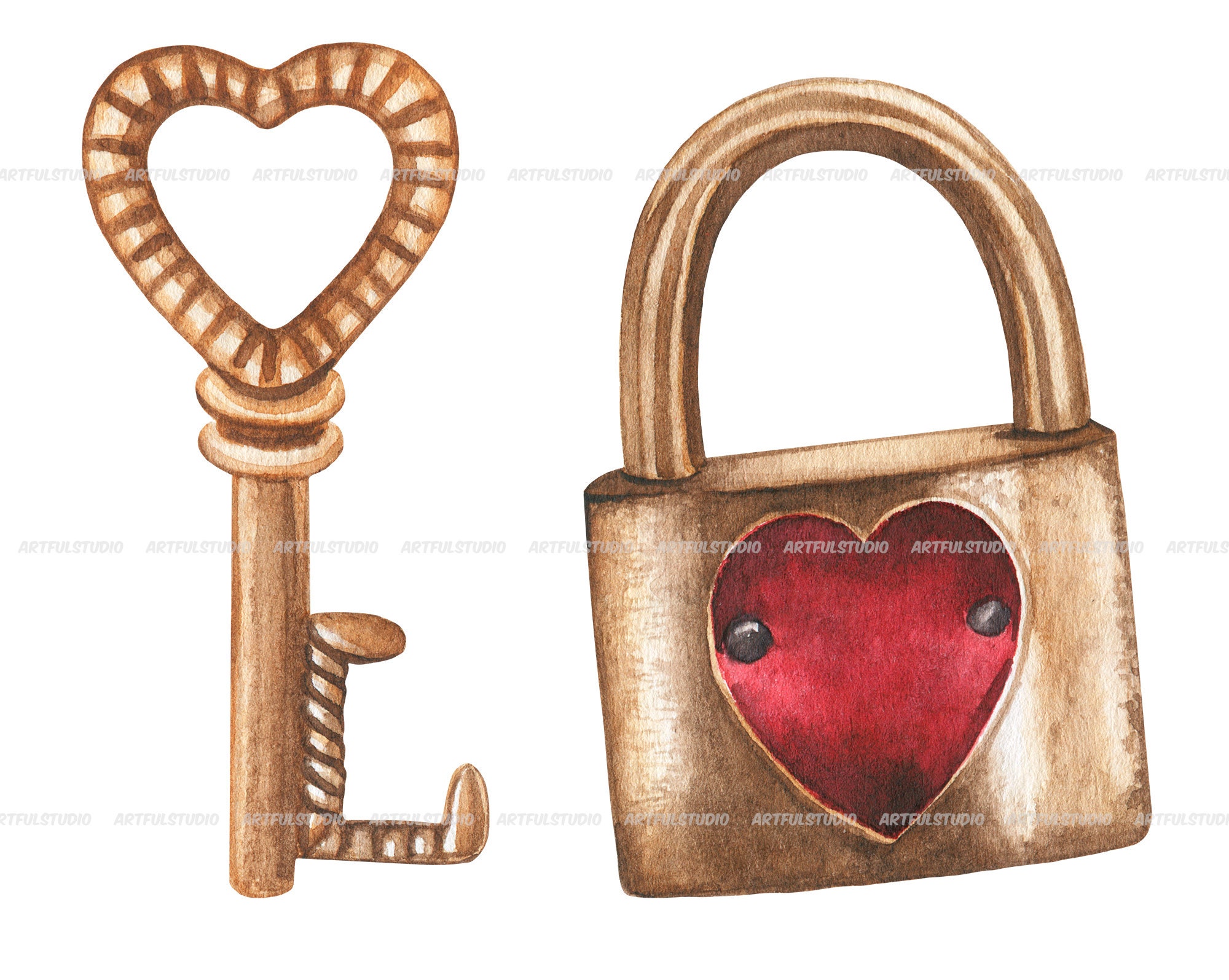 Watercolor Vintage Heart Keys and Locks Clip Art-bronze Antique Keys ...