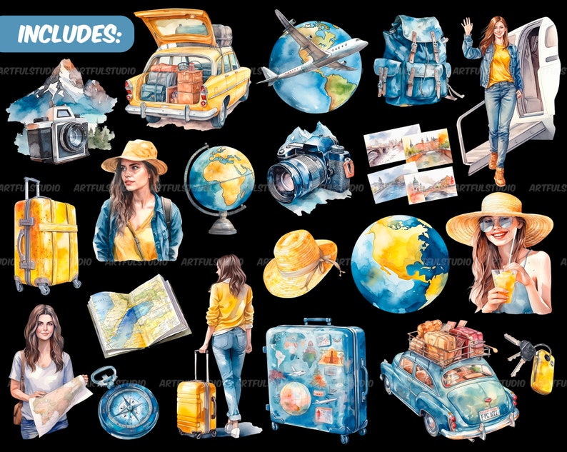 Watercolor Travel Lover Clipart Summer Holiday - Etsy