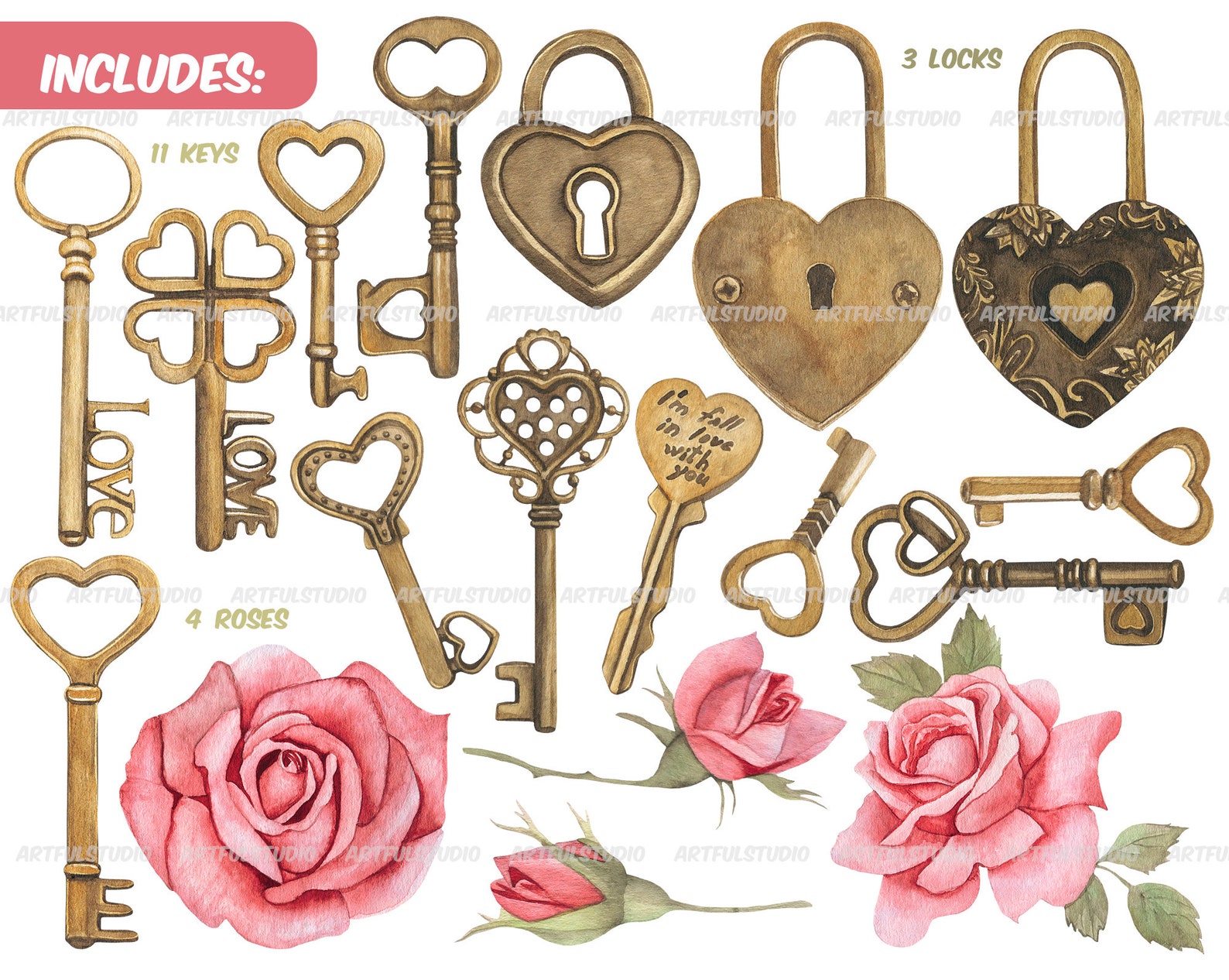 Watercolor Vintage Heart Keys and Locks Clip Art-bronze Antique Keys ...