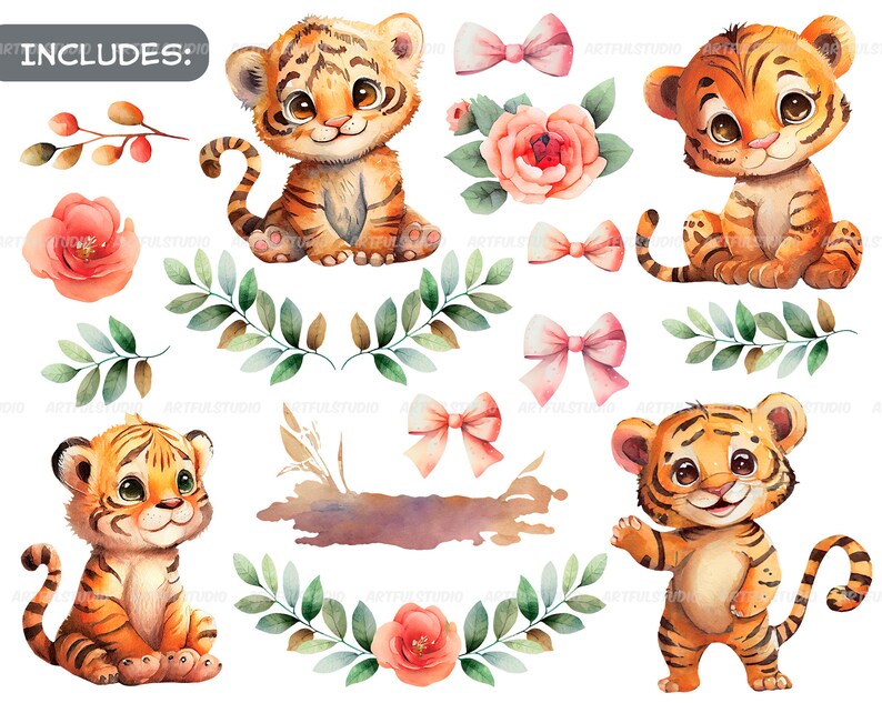 Watercolor Cute Baby Tigers Clipart - Realistic Tiger With Flower ...