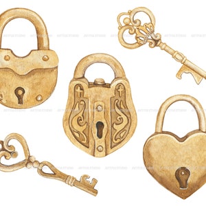 Watercolor Vintage Keys and Locks Clip Art-bronze Antique Keys ...